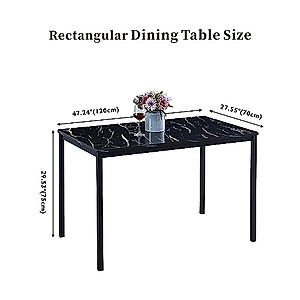PEITAIKO 47.2" Rectangular MDF Dining Table/Mid Century Modern Metal Legs Kitchen Table (Imitation Marble) (MDF Board+Metal, Black Marble Effect)