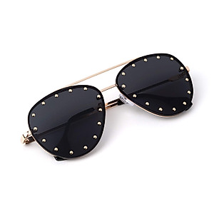 Brooklyn Rimless Oversized Studded Aviators Sunglasses Riveted Fashion Men Women AV-1672 (Black)