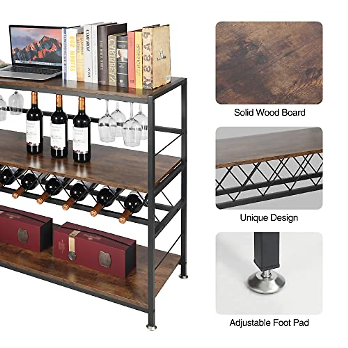 Lineslife 3-Tier Freestanding Wine Rack Table, Industrial Liquor Wine Bar Table with Glass Holder and Bottle Shelf for Living Room, Brown