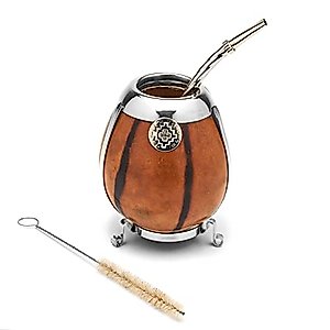 BALIBETOV [New Handmade Yerba Mate Gourd Set - German Silver Trim and Base - [Mate Cup] with Bombilla [Yerba Mate Straw] (Natural)
