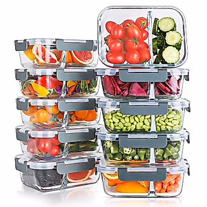KOMUEE 10 Packs Glass Meal Prep Containers 2 Compartments,Glass Food Storage Containers with Lids,Airtight Glass Lunch Bento Boxes,BPA Free,Oven,Freezer and Dishwasher Safe