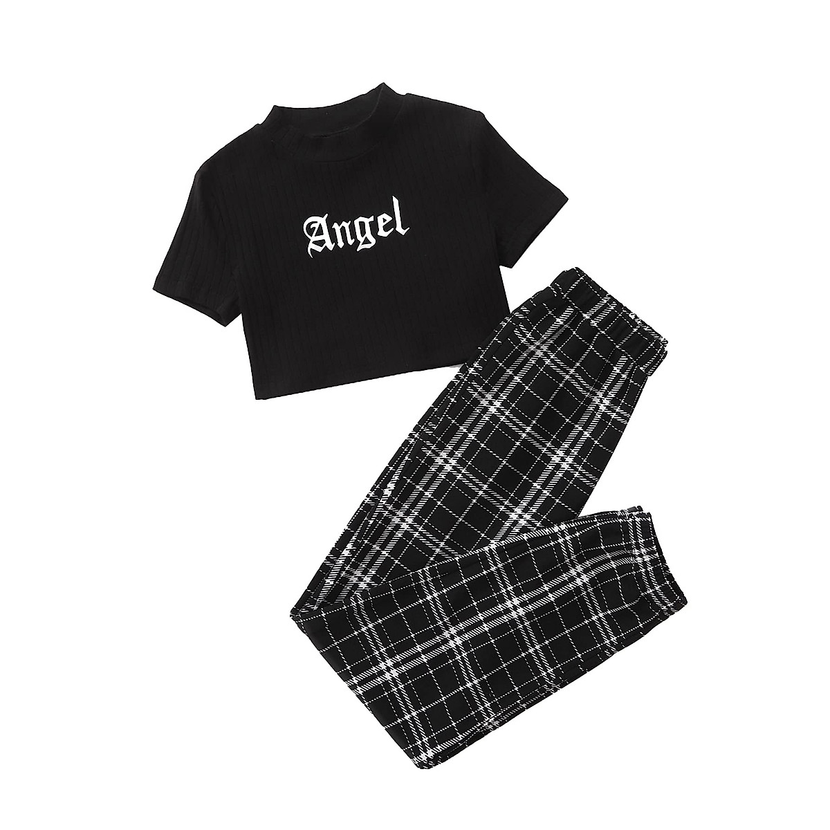 SOLY HUX Girl's Letter Print Short Sleeve Tee Top and Plaid Pants Set 2 Piece Outfits Black 11-12Y