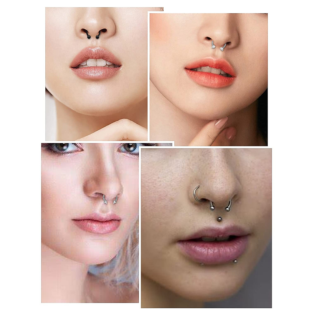Ftovosyo 24Pcs 16G Surgical Steel Nose Septum Rings Piercing Jewelry Horseshoe Cartilage Helix Daith Earring Hoop Eyebrow Lip Hoop for Women Men 8mm 5/16 Inch Silver Black