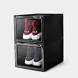 SupBro Collection Crate - Easy Access Storage Shoes Box -Plastic Foldable Stackable Sneaker Display Storage with Clear Front Door Organizer-2 Pack (Black)