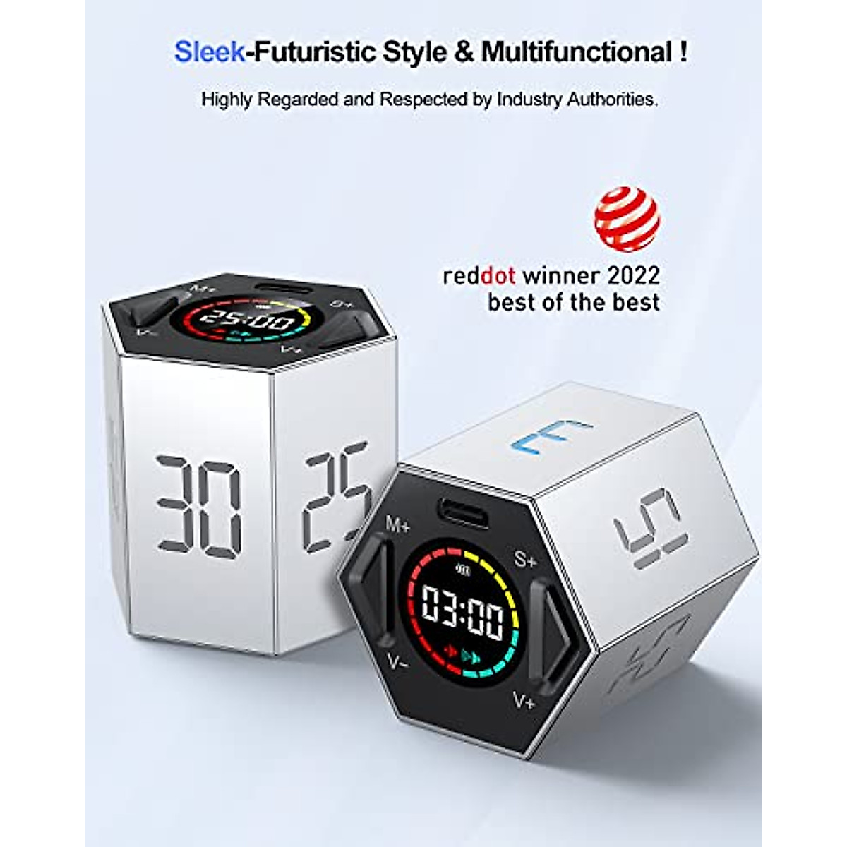 Ticktime Pomodoro Timer, Productivity Timer Cube, Hexagon Magnetic Flip Focus Timer, Mute & Adjustable Sound Alert, for Work, Office, ADHD, Study, Task, 3/5/10/15/25/30min & Custom Countdown - Gray