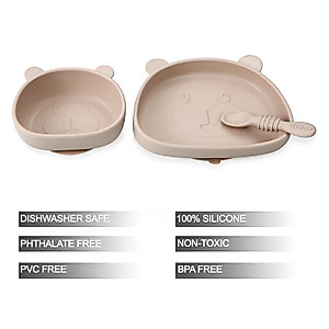 PandaEar Baby led Weaning Supplies BLW, Silicone Suction Toddler Plate Suction Bowl and Spoon for Self Feeding, Toddler Utensils Feeding Set Baby Eating Supplies (Bear Shape Tawny)