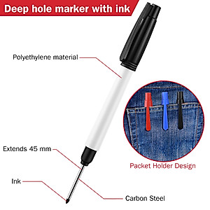 Mechanical Carpenter Pencil Set, 3 Pcs Woodworking Pencil with Built in Sharpener and 12 Pcs Refills, 3 Pcs Long Nose Deep Hole Marker Pen, Scriber Marking Tools for Architect (Red, Black, Yellow)