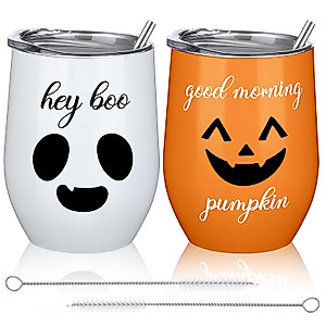 Suttmin 2 Sets Halloween Insulated Wine Tumbler Good Morning Pumpkin Cute Holiday Drink Cup Stainless Steel Insulated Tumbler with Lid, Straw and Brush for Hot and Cold Drinks Birthday Gift, 12 oz