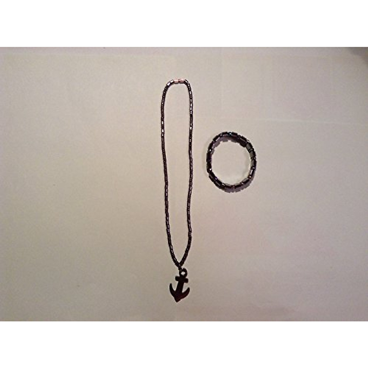 16 ' HEMATITE BEAD CHOKER NECKLACE ANCHOR PENDANT & ADJUSTABLE HEMATITE BRACELET