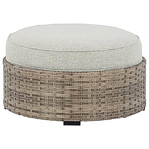 Signature Design by Ashley Outdoor Calworth Patio Wicker Ottoman with Cushion, Beige