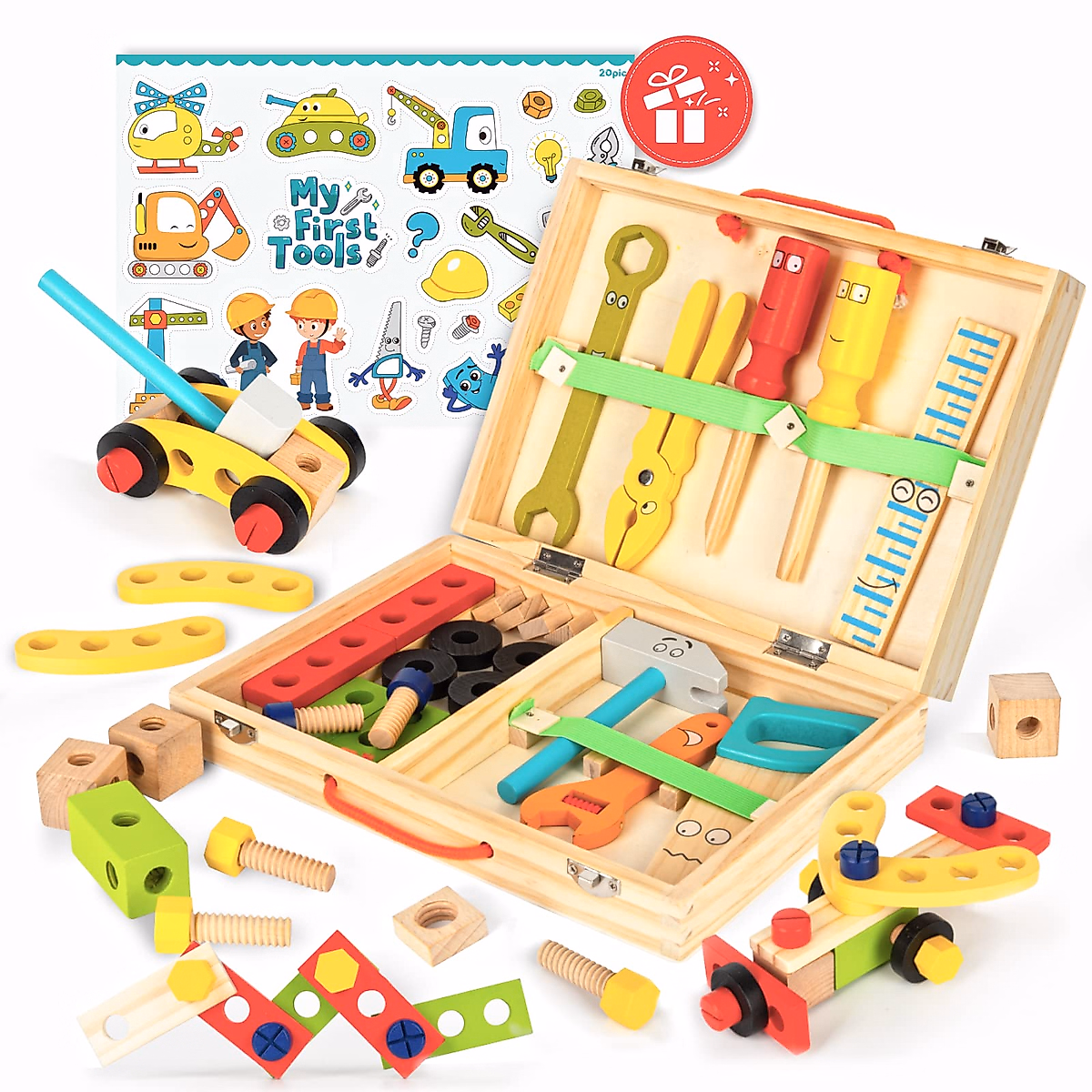 Rundad Wooden Kids Tool Set – 37 PCS Tool Kit Box with Stickers of My First Tools, Montessori Toys for 2 3 4 Year Old Boy Gift, Tool Construction Set for Toddler Ages 3-5