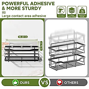 Adhesive Shower Caddy Bathroom Organizer, High Guardrail Shower Shelf for Inside Shower with 5 Hooks, No Drilling Shower Organizer Rustproof Stainless Steel Wall Mounted Shower Shelve - 2 Pack