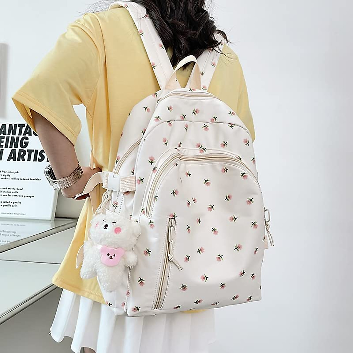 Floral Backpack with Kawaii Plush Puppy Pendant Accessories Cute Multi-Pockets Aesthetic Back to School Bookbag Laptop (White)