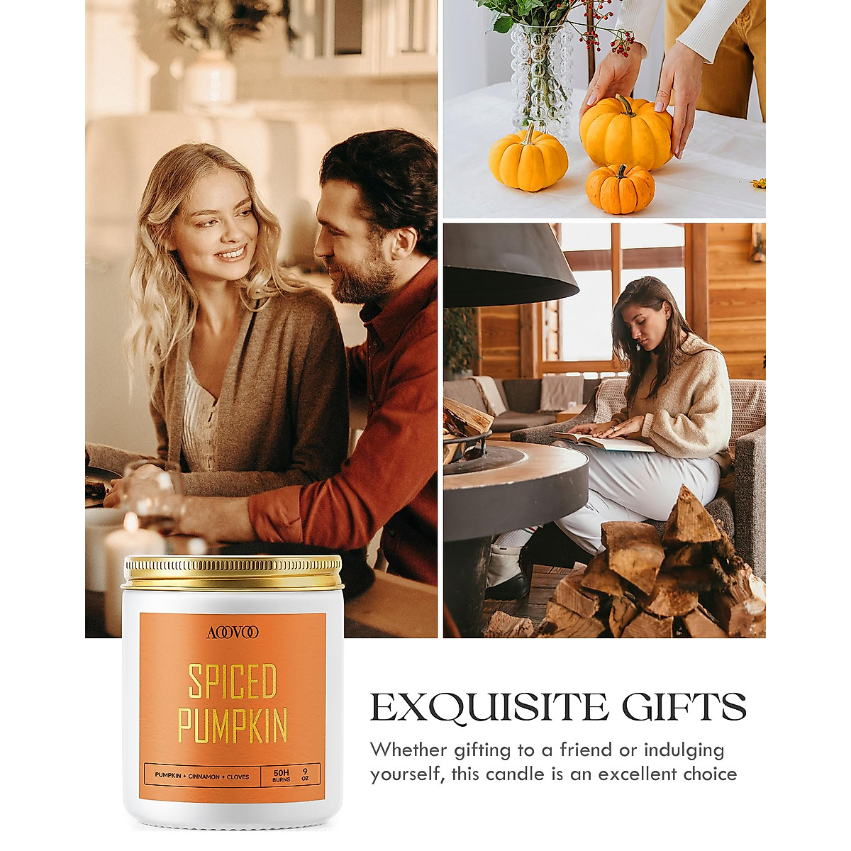 AOOVOO Spiced Pumpkin Candle - Pumpkin Candle, Wood Wick Candles, Fall Candles, Scented Candles, Scented Candles, Soy Candle, 9oz