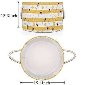 Bee Large Round Storage Bin Basket, Honeycomb Stripe Bee Decor Foldable Clothes Bag Folding Washing Bin Collapsible Fabric Laundry Hamper with Handle for Toys Stuffed Blanket Closet Bedroom Nursery