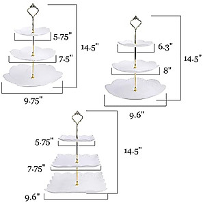 Tosnail 3 Pack 3 Tiers White Plastic Cupcake Stand Dessert Stand Tiered Serving Trays with Gold Rod - Round, Square, Flower