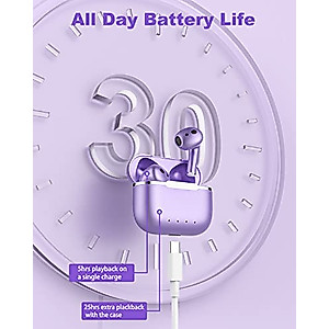 Wireless Earbuds Bluetooth 5.3 Headphones Built-in 4-Mic Clear Call in-Ear Ear Buds Noise Cancelling 30Hrs Playtime Earphones with USB-C Charging Case IPX7 Waterproof Earbuds for iPhone/Android Purple