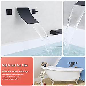 Qinkell Wall Mount Tub Faucet Matte Black Waterfall Tub Fill Roman Bathtub Faucet High Flow Brass Bathroom Bathtub Faucets with Rough-in Valve and 2 Handles