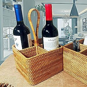 i-lan 2 Pack 4 Section Square Rattan Basket with Handle, 7”Divided Woven Remote Control Basket Tray with 5”Wall , Boho Catch-all Bottle Caddy Serving Basket Box for Cosmetic Organizer Utensils Holder