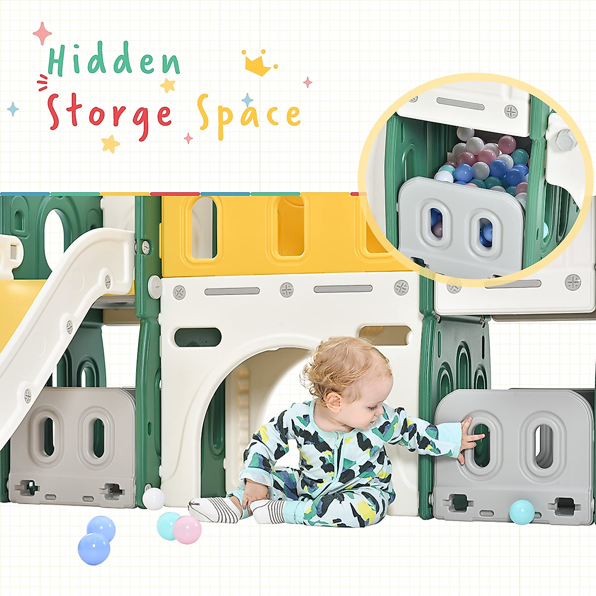 Merax 6-in-1 Kids Slide with Climber, Basketball Hoop, Tunnel and Storage Space, Outdoor Indoor Slide Playset for Toddlers Age 1+