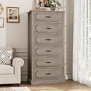 FINETONES 6 Drawer Grey Dresser, 51" Tall Dresser Wood Dresser Chest of Drawers with Large Storage Space, 6 Drawer Dresser Tall Floor Storage Cabinet for Home Office, Ash Grey