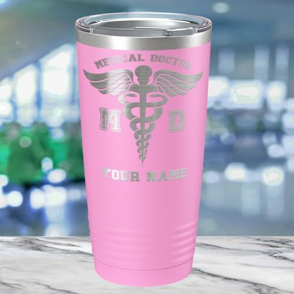 Personalized MD Medical Doctor Gift on Blush 20 oz Stainless Steel Tumbler with Lid - Insulated Cup - Custom Travel Mug