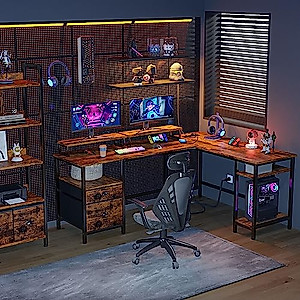 Furologee 66” L Shaped Desk with Power Outlet, Computer Desk with File Drawer & 2 Monitor Stands, Home Office Desk with Storage Shelves, Corner Desk for Gaming Writing, Work Study Table, Rustic Brown
