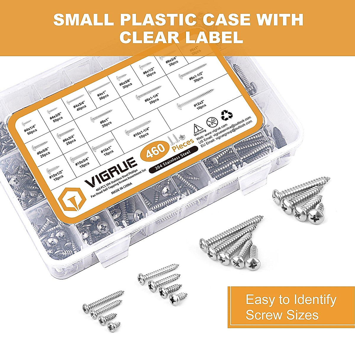 VIGRUE 460pcs Pan Head Philips Wood Screws, #4,#6,#8,#10,#12, 304 Stainless Steel Self Tapping Screw Assortment kit