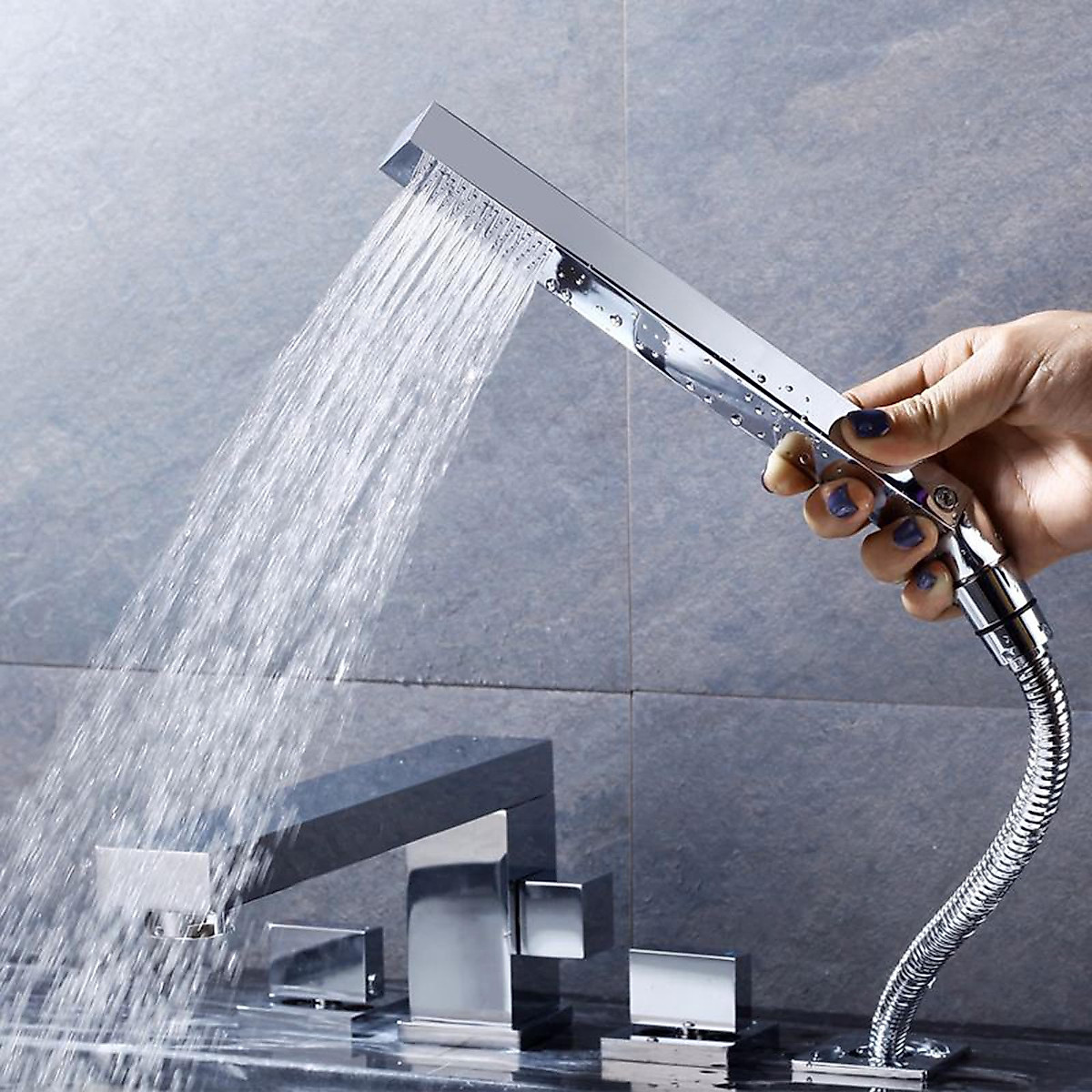 WuDLi Bath Shower Mixer Tap Shower Head and Hose Set for Bath Taps, Bathtub Mixer Tap with Handheld Shower 4 Hole