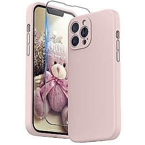 SURPHY Compatible with iPhone 13 Pro Max Case with Screen Protector, (Camera Protection + Soft Microfiber Lining) Liquid Silicone Phone Case 6.7 inch 2021, Pink Sand