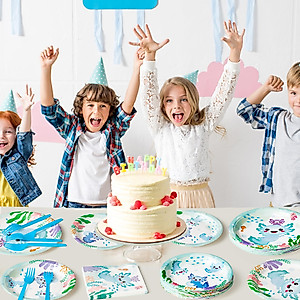 G1ngtar 96Pcs Blue Axolotl Party Plates Supplies - Cute Cartoon Axolotl Party Tableware Decorations Animals Disposable Paper Plates Napkins Forks for Kids Boy Birthday Baby Shower, Serves 24