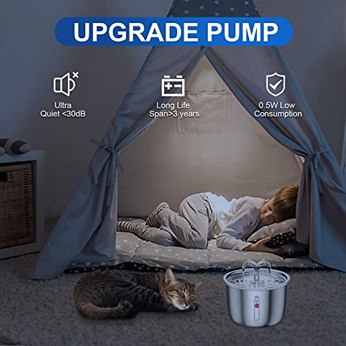 Spofan Cat Water Fountain Stainless Steel, 67oz/2L Pet Water Fountain Ultra Quiet Pump Cat Automatic Water Dispenser 3 Flow Modes for Inside Cats Small Dogs Puppies Multiple Pets Watering Supplies