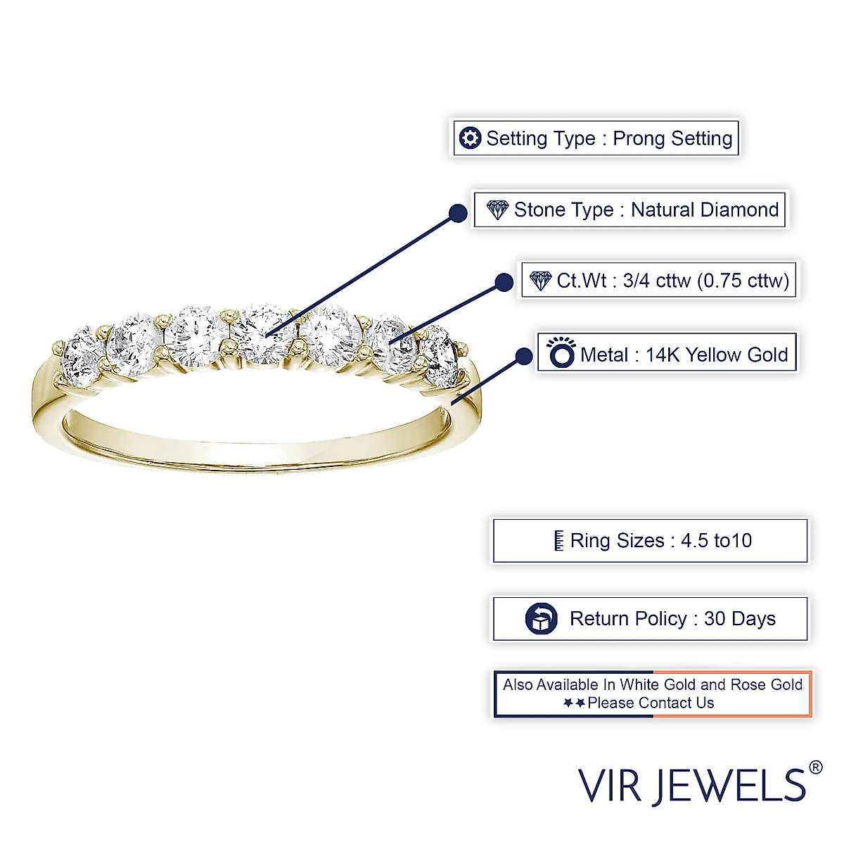 Vir Jewels 3/4 cttw Diamond Wedding Anniversary Band for Women, Round Diamond Engagement Ring 14K Yellow Gold 7 Stones Prong Set, Size 5.5