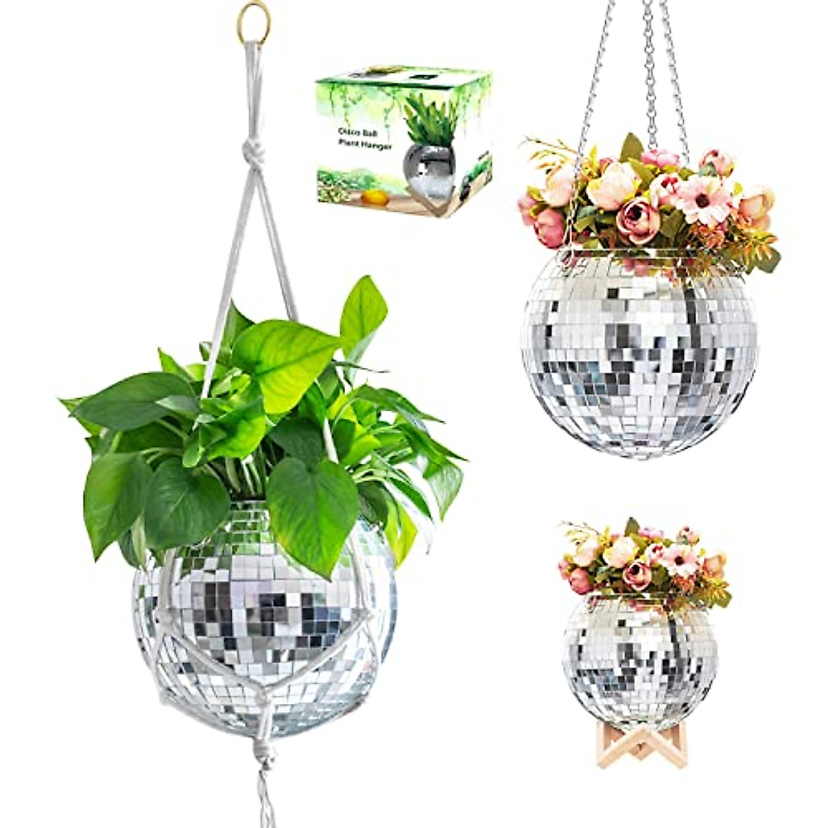 Veramz Disco Ball Planter 8" - Hanging Disco Ball Planter Pot with Macrame Rope Chain and Wooden Stand - with Drainage Hole and Plug - Mirror Ball Disco Decor Hanging Planter for Indoor Plants(Silver)