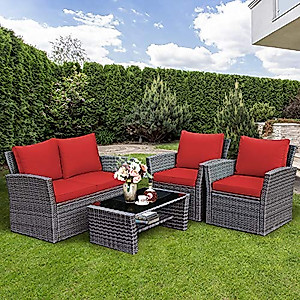 Tangkula 4 Pieces Patio Furniture Set, All Weather Outdoor Sectional Rattan Sofa Set with Cushions & Tempered Glass Table, Wicker Conversation Couch Set for Backyard Garden Poolside