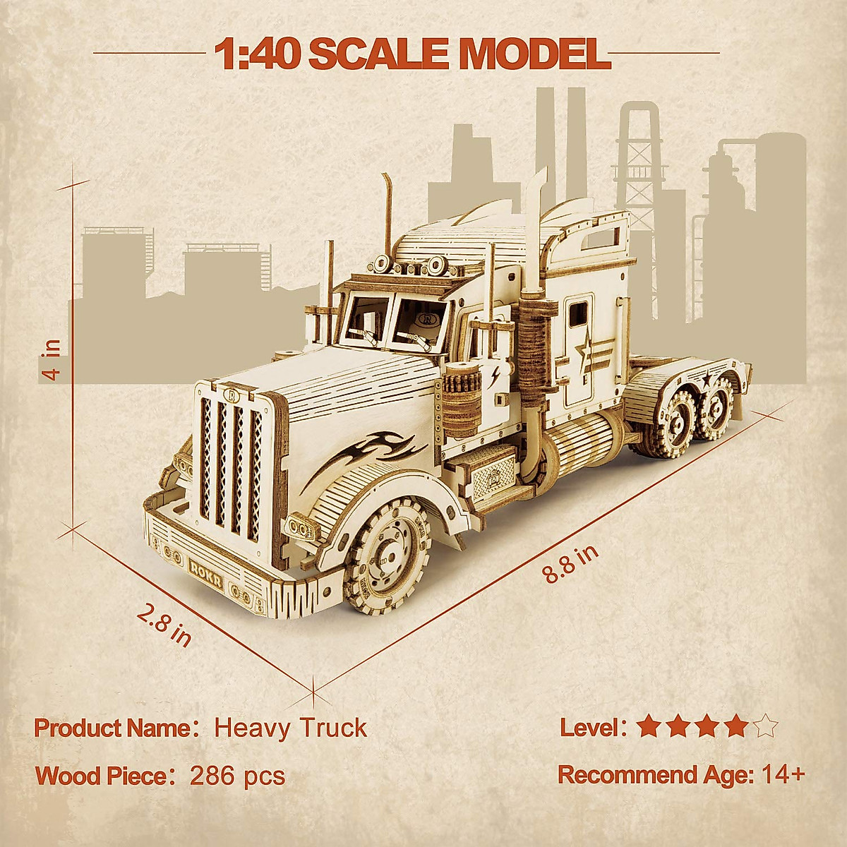 ROKR Model Car Kits Wooden 3D Puzzles Model Building Kits for Adults-Educational Brain Teaser Assembly Model for Adults to Build, Desk Decor/DIY Hobbies/Gifts for Teens&Kids (Heavy Truck/8.9*2.9*4)
