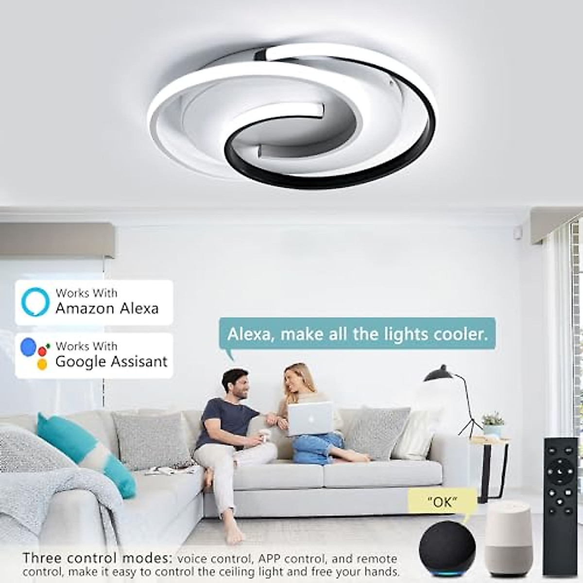 IEANL Smart Modern Ceiling Light,LED Ceiling Lights with Alexa Google Home,Dimmable Flush Mount Chandelier Fixture,Remote Control Ring Ceiling Lamp for Living Room Bedroom Dining Room, TY-1951
