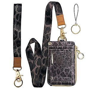 bolimoss Leopard Id Badge Holder with Lanyard, Cheetah Print Lanyard Wallet with Zipper Key Chain,PU Leather ID Name Tag Work Badge Clip Heavy Duty for Nurse Teacher Doctor Student Office
