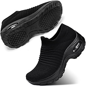 STQ Womens Slip on Walking Shoes Breathable Non Slip Work Shoes Comfortable Air Cushion Orthopedic Sneakers with Arch Support All Black 8