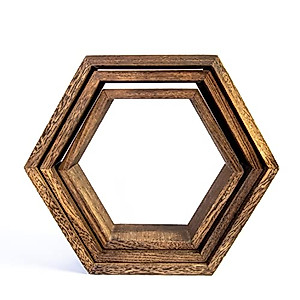 Hexagon Wooden Shelves – Set of 3 Geometric Floating Wall Shelf –Small, Medium, Large -Rustic Brown Honeycomb Design for Bedroom, Living Room, Office.
