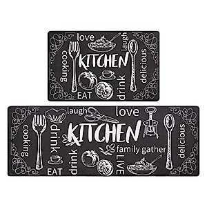 HEBE Anti Fatigue Kitchen Mat Set of 2 Non Slip Thick Cushioned Kitchen Rug Sets with Runner 17"x48"+17"x28" Heavy Duty Comfort Standing Mats Waterproof Kitchen Carpet