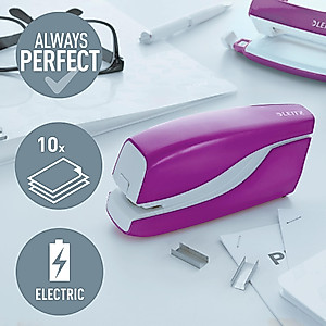 Leitz Electric Stapler, 10 Sheet Capacity, Battery Powered, WOW Range, 55661062 - Purple