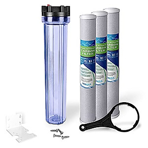 20 x 2.5-Inches Transparent Slim Whole House Water Filter Purifier System with Presser Relief Button, 1” Inlet/Outlet Port & Yearly Supply (3) Coconut Shell Activated Block Carbon Cartridges 5 Micron