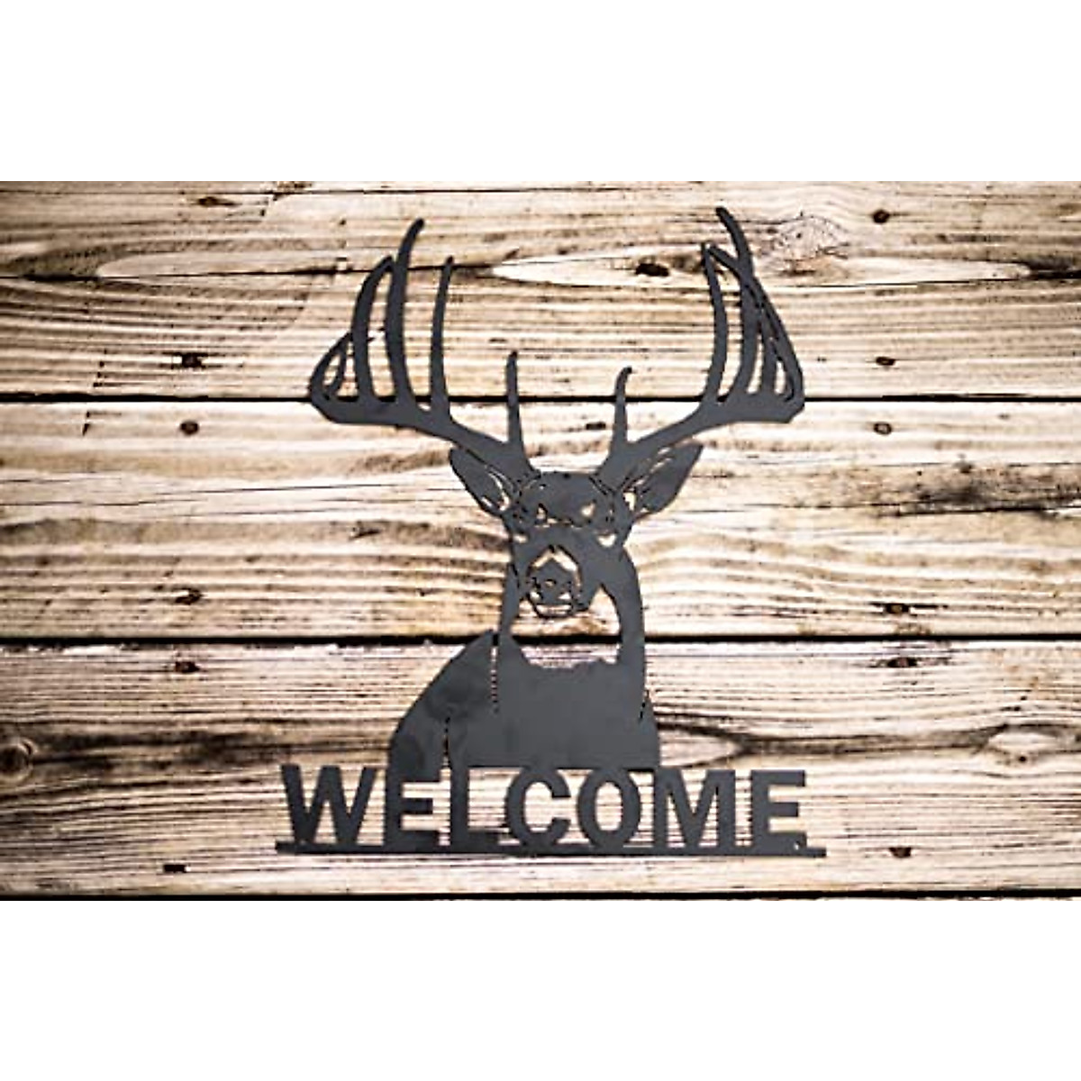 Welcome Whitetail Deer Buck Metal Wall Art Sign | Laser Cut | Black | Home Cabin Decor | Big Game Steel