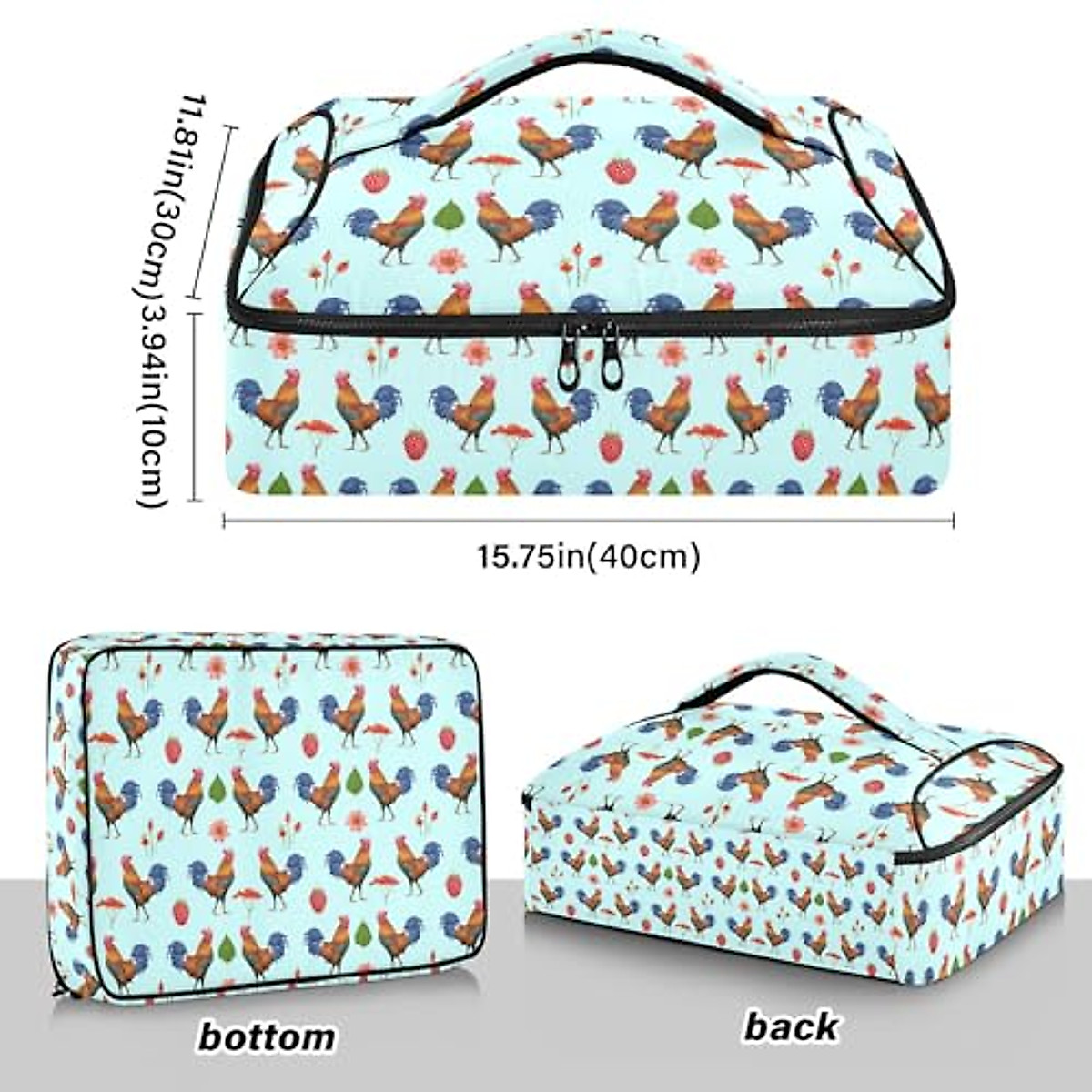 Kcldeci Insulated Thermal Food Carrier Insulated Casserole Carrier for Hot or Cold Food,Roosters Berries Insulated Tote Bag for Potluck Cookouts Parties Picnic,Lasagna Lugger