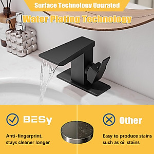BESy Waterfall Matte Black Bathroom Faucet, Single Hole Or Three Hole Bathroom Sink Faucet with Pop Up Drain, with cUPC Supply Lines Single Handle Vanity Faucets, 6 Inch Deck Plate, Stainless Steel