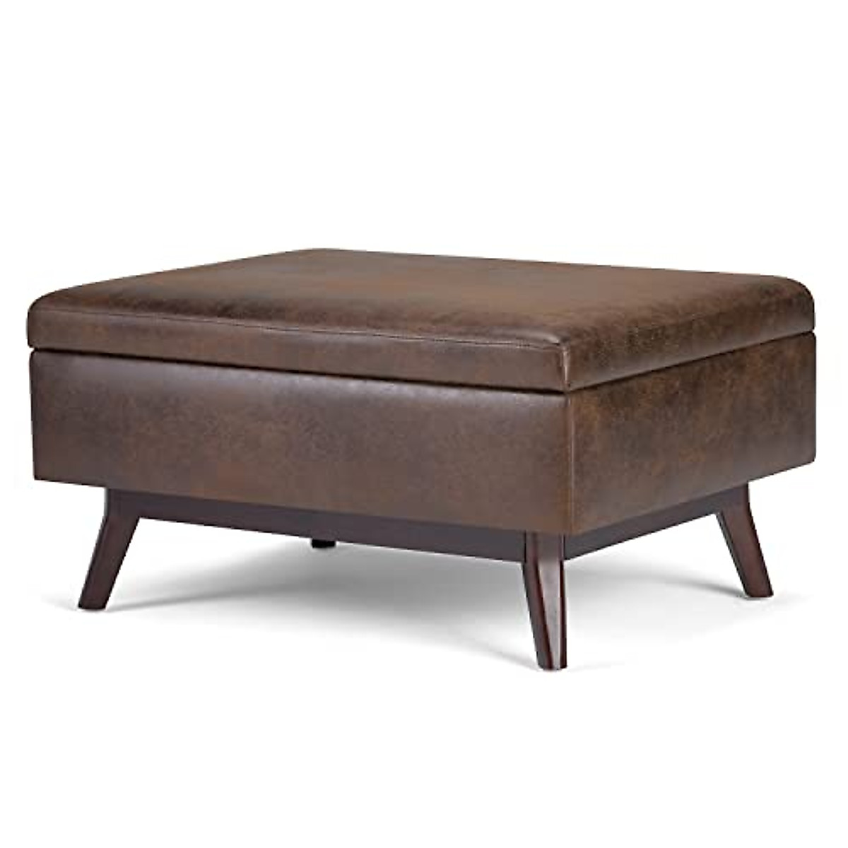 SIMPLIHOME Owen 34 Inch Wide Mid Century Modern Rectangle Coffee Table Lift Top Storage Ottoman in Upholstered Distressed Chestnut Brown Faux Leather, For the Living Room