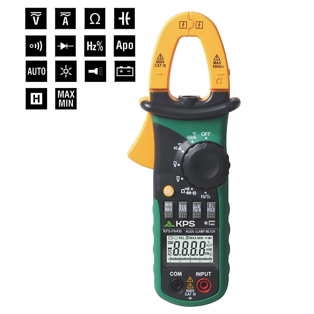 KPS-PA430 Digital Mini Clamp Meter AC/DC Current 400A, AC/CD Voltage 600V, Resistance, Capacity, Duty Cycle 4000 Counts