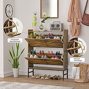 RKVPCNE Shoe Cabinet with 2 Flip Drawers Narrow Shoes Storage Cabinet with 1 Boot Rack Flip Down Shoe Closet Shoe Organizer for Entryway Foyer Hallway (Rustic Brown)