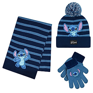 Disney Lilo and Stitch Kids Beanie Hat and Glove Set for Girls – Blue Stitch Hat for Girls Ages 5-13